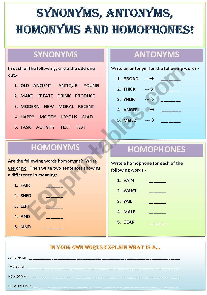 Free Printable Worksheets Synonyms Antonyms And Homonyms Lexia s Blog Free Printable Worksheets Synonyms Antonyms And Homonyms Lexia s Blog